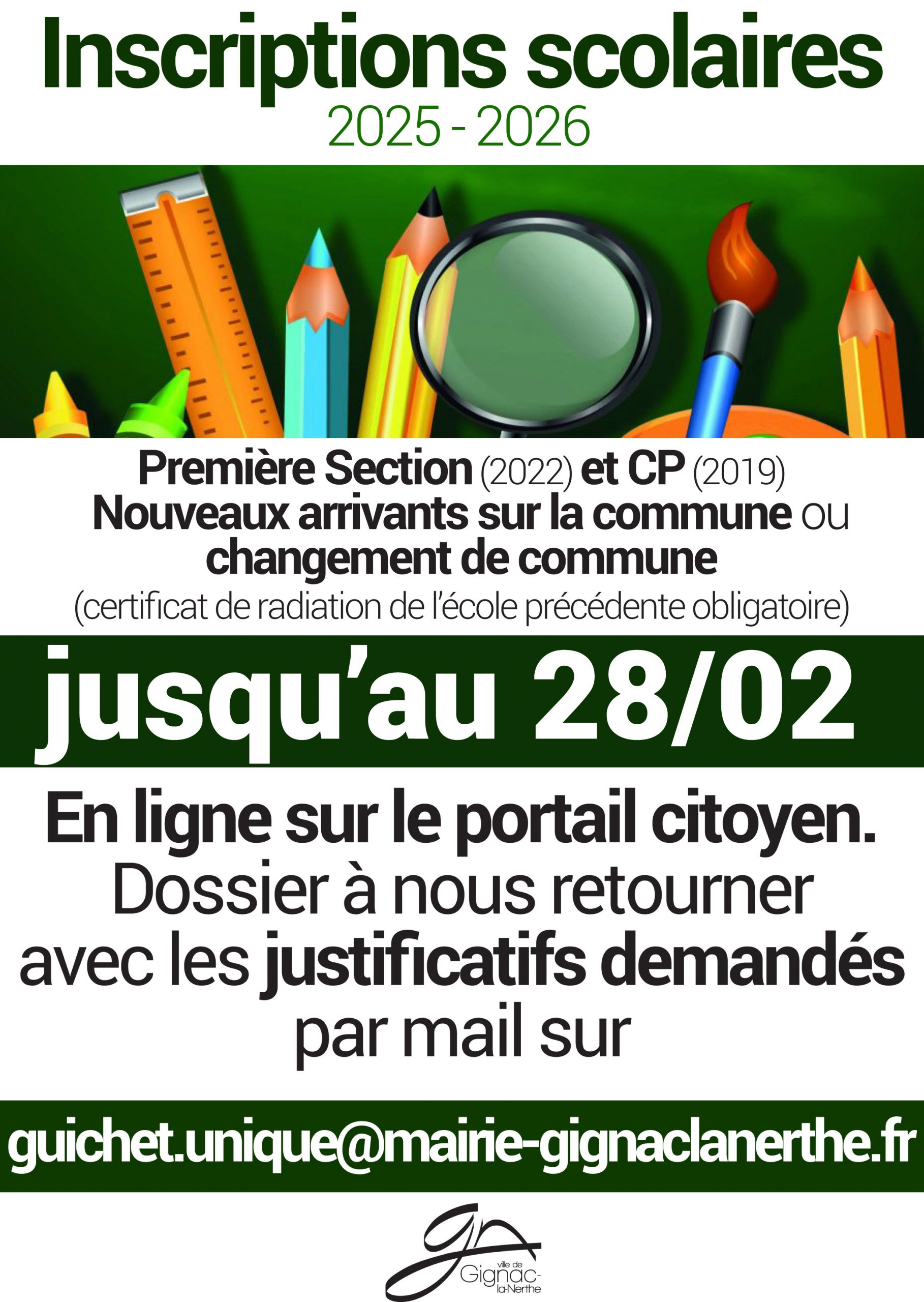 INSCRIPTIONS SCOLAIRES • GIGNAC LA NERTHE